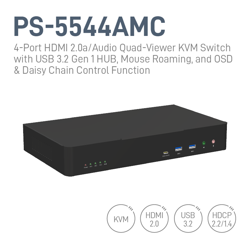 4-Port HDMI 2.0/Audio Quad-Viewer KVM Switch with USB 3.2 Gen 1 HUB ...